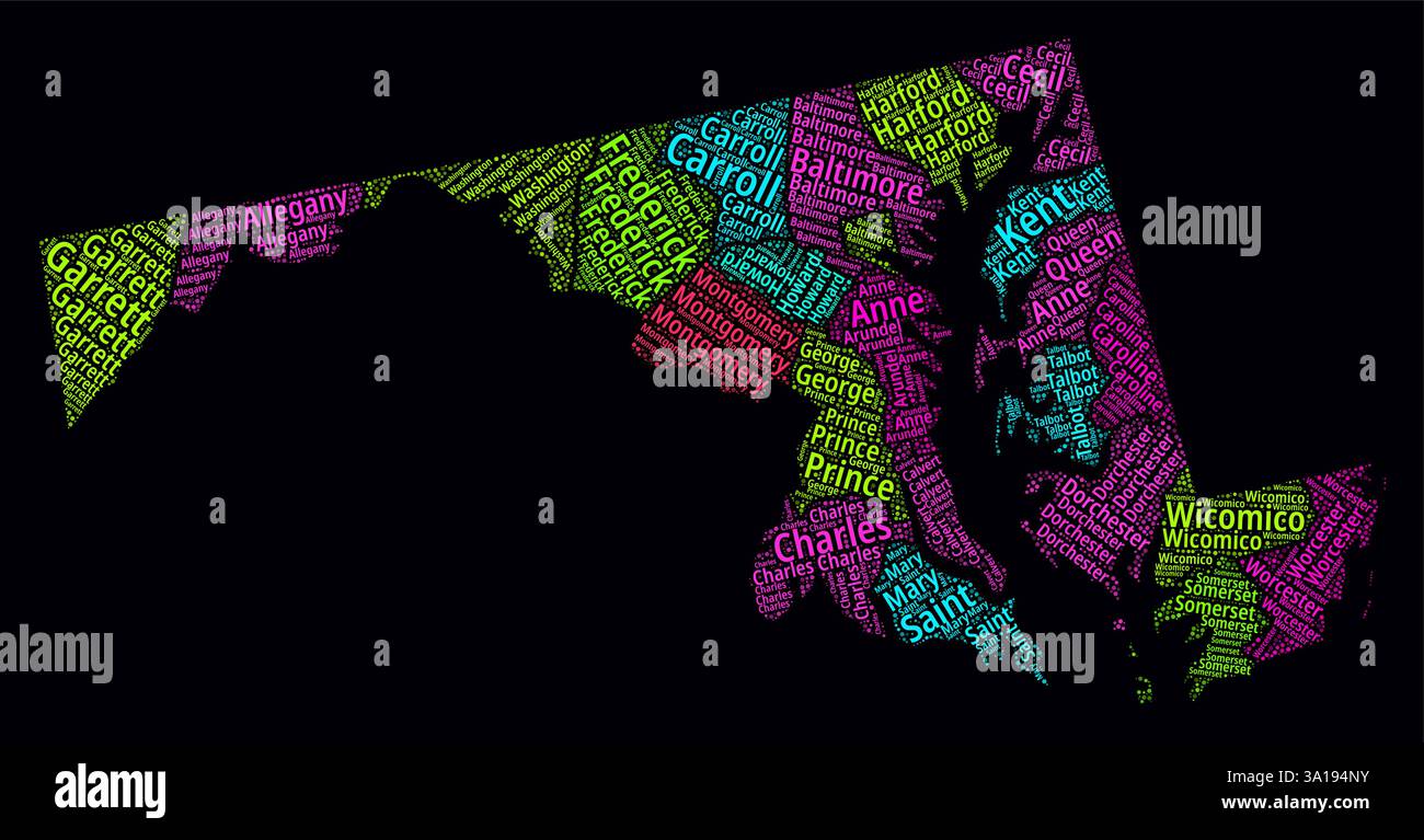 Maryland Word Cloud. Bright neon style design on dark background ...