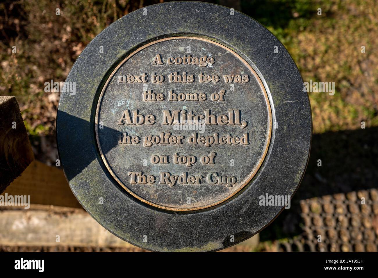 Forest Row, March 4th 2025: Plaque commemorating golfer Abe Mitchell on the 14th tee at the ...