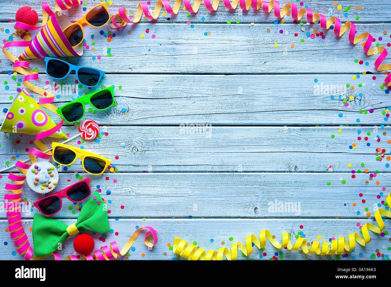 Colorful carnival background with party accessory, streamers and ...