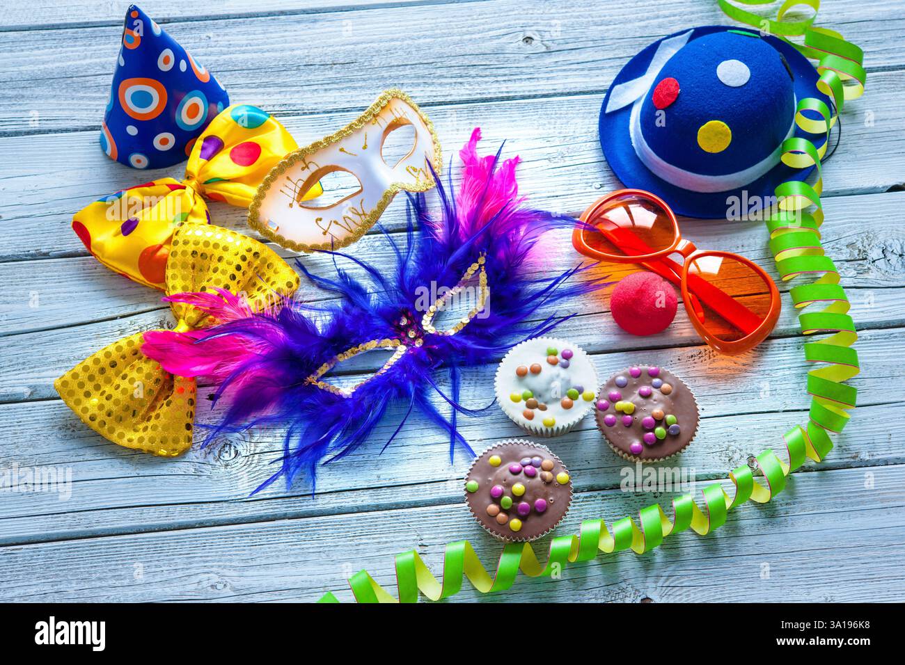 Colorful carnival background with party accessory, streamers and ...