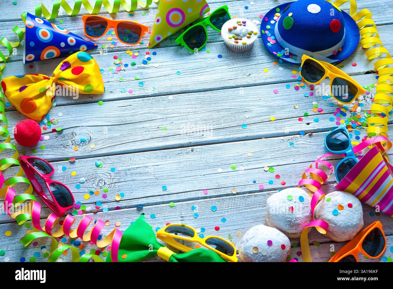 Colorful carnival background with party accessory, streamers and ...