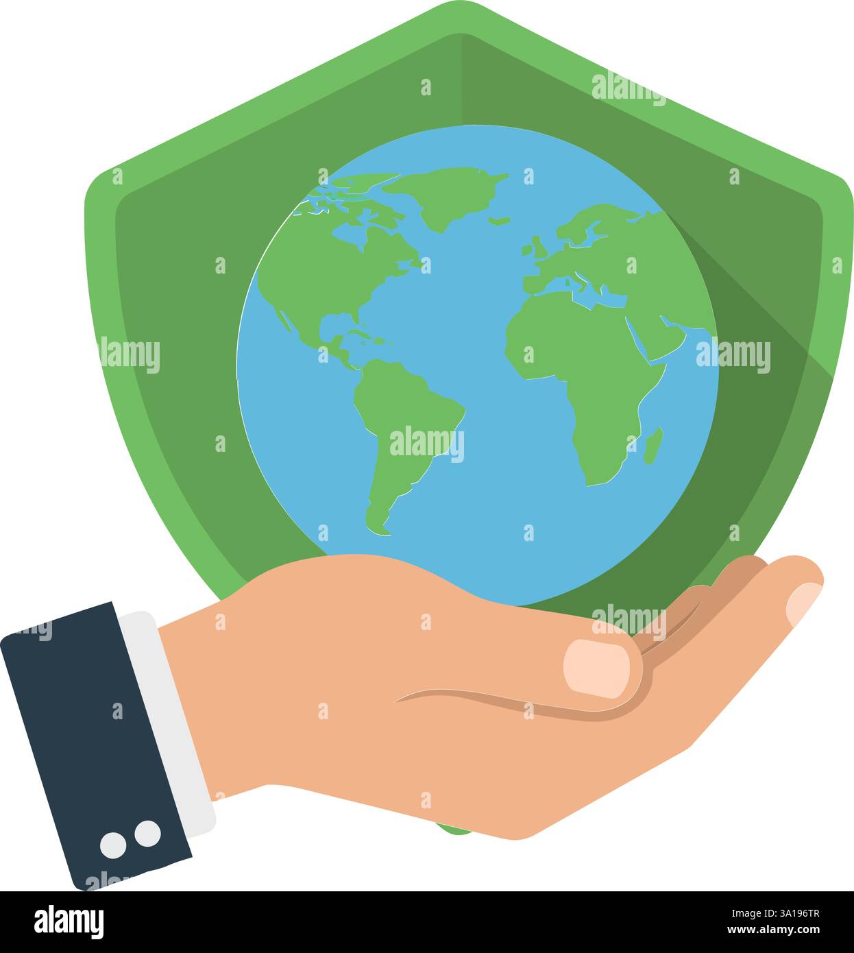 A hand supports a green shield featuring a globe, representing a ...