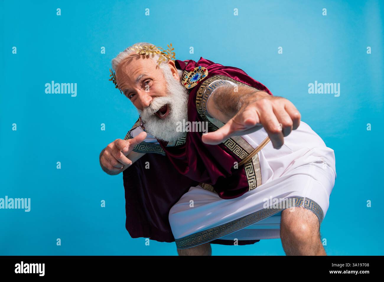 Photo of happy joyful man theater actor wear antique performing art ...