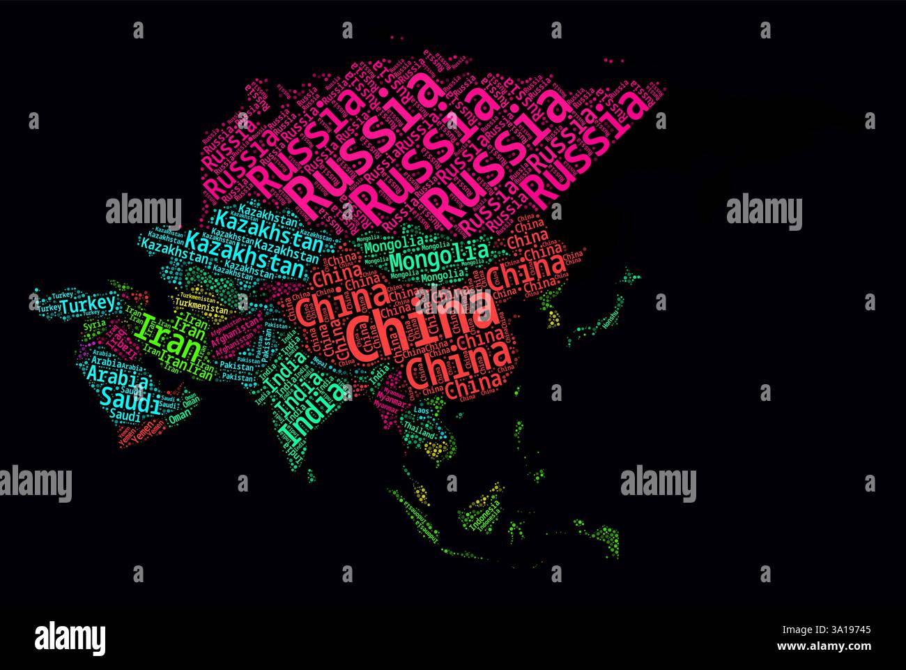Asia word cloud. Bright neon style design on dark background. Region ...