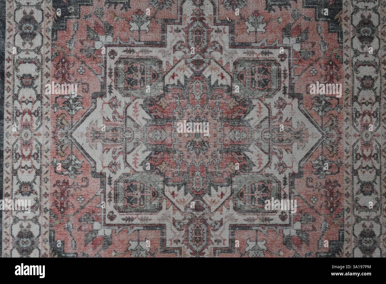 A rug with a pattern of red and gray. The rug is on a floor. The rug is ...