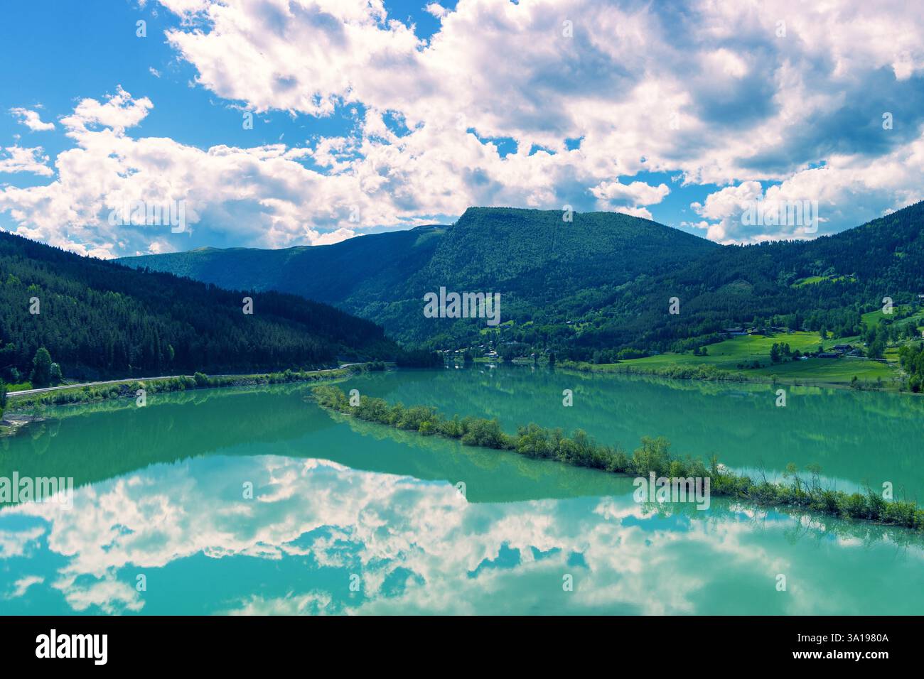 View from above on beautiful mountain lake Lalmsvatnet on a sunny ...