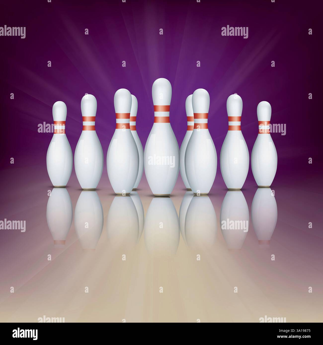 Purple pin deck with white bowling pins Stock Photo - Alamy