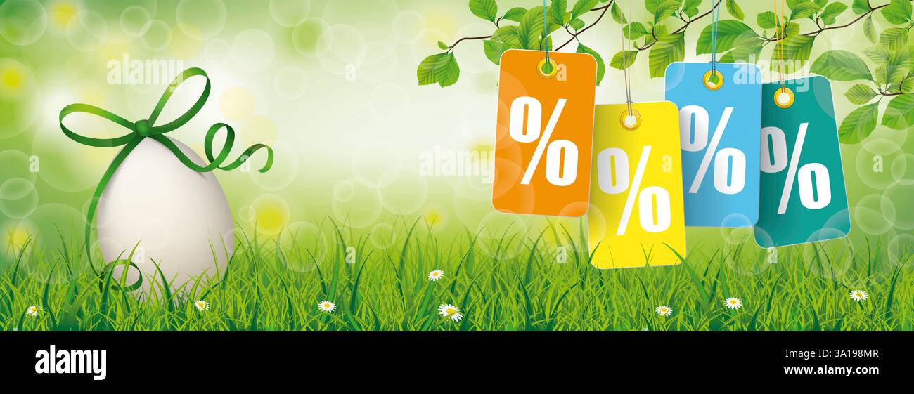 Easter sale banner with nature and colored price stickers with percents ...