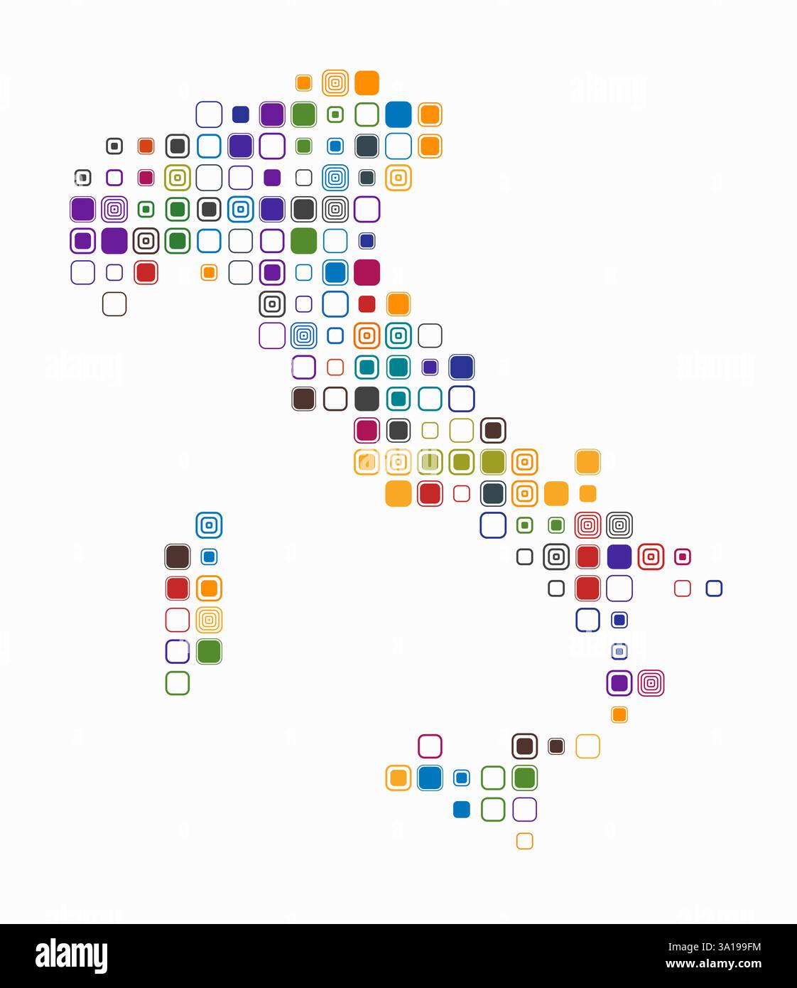 Italy, shape of the country built of colored cells. Digital style map ...