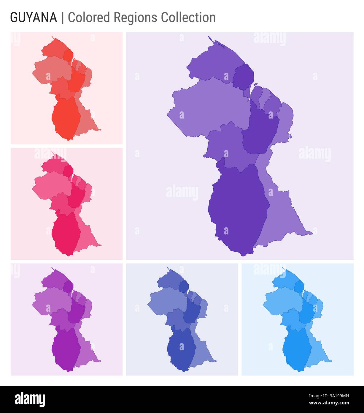Guyana map collection. Country shape with colored regions. Deep Purple ...