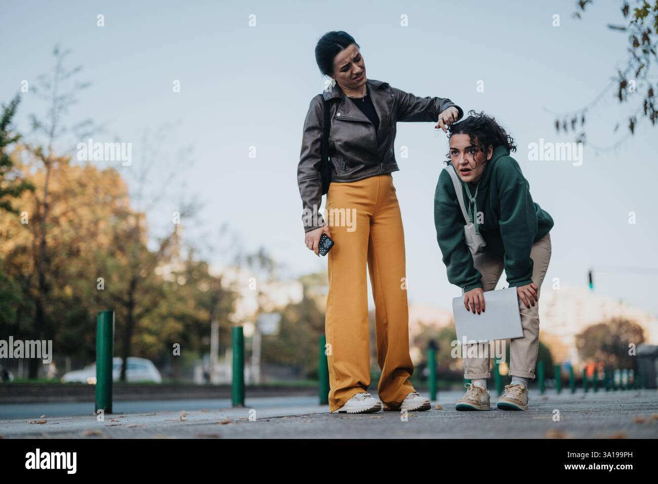 Two people interacting on a street with expressive faces and dynamic ...