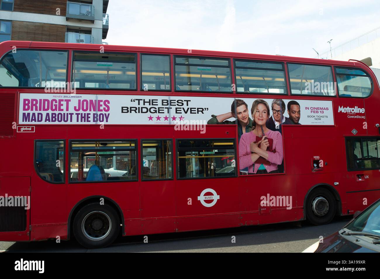 Uxbridge, UK. 7th March, 2025. A red bus with a banner for the newly released Bridget Jones Film ...