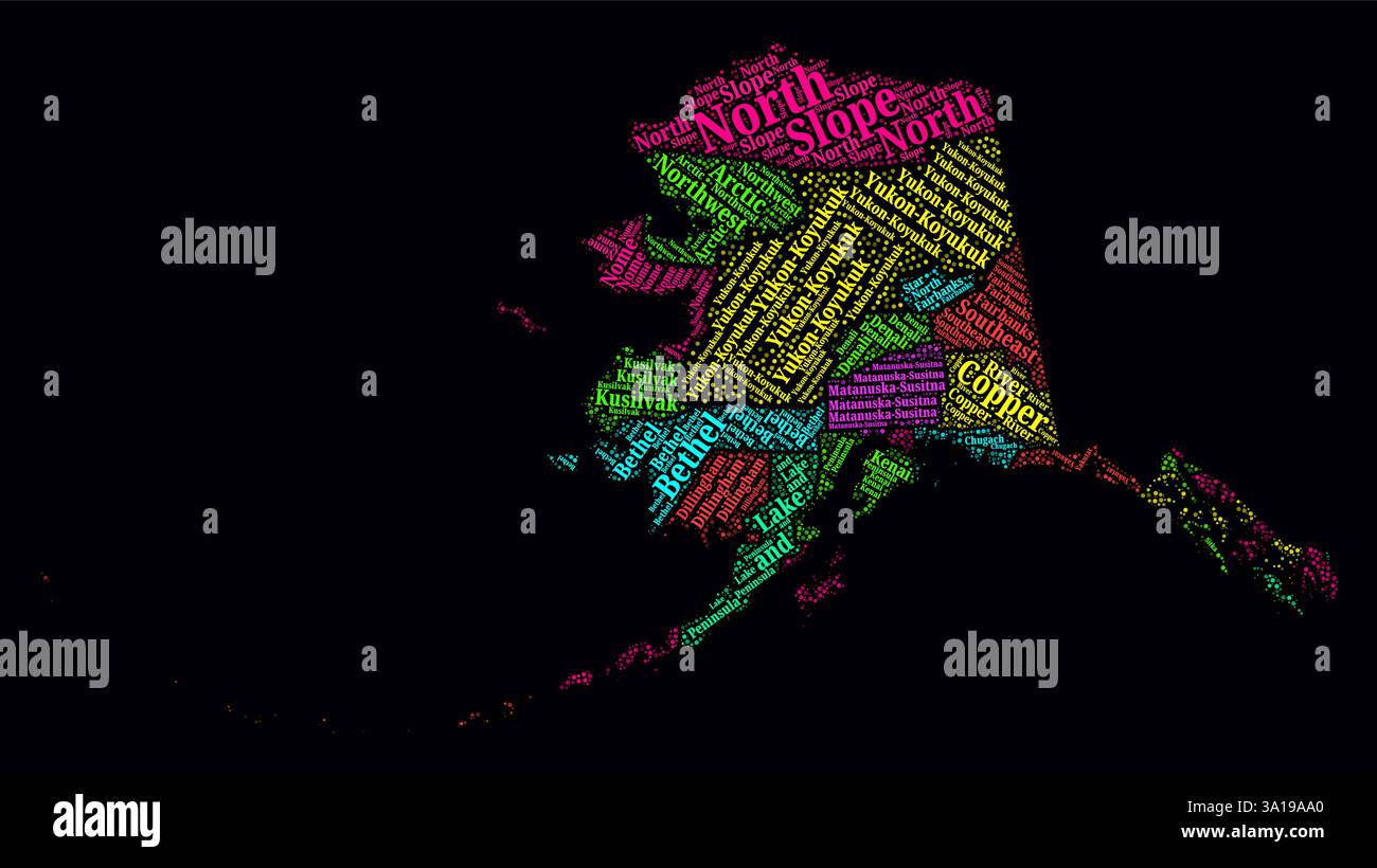 Alaska Word Cloud. Bright neon style design on dark background. Region ...