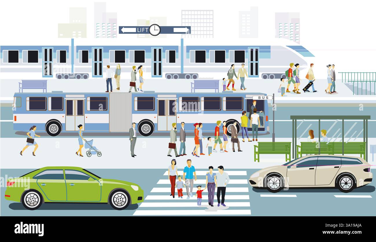 express train in the station and bus stop, illustration Stock Photo - Alamy