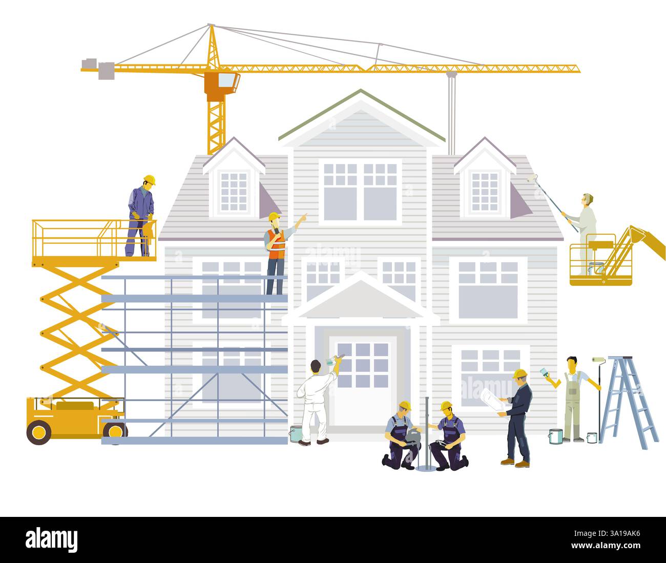 craftsmen and construction workers renovating a house, isolated on white, illustration Stock ...