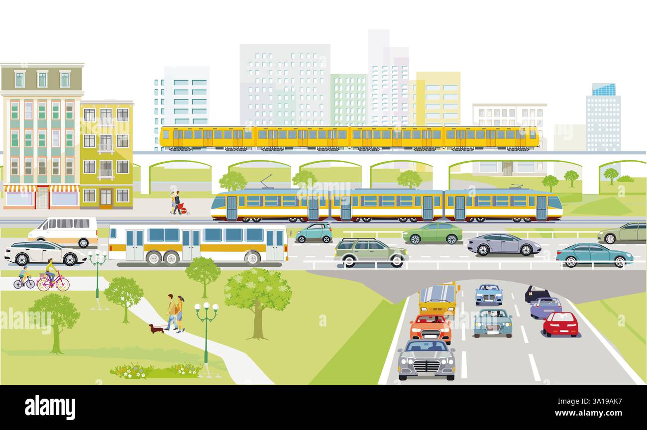 main street with trams and road traffic and in front of buildings ...