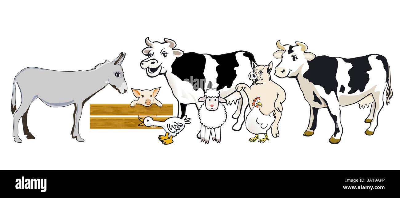 farm animals standing together, illustration Stock Photo - Alamy