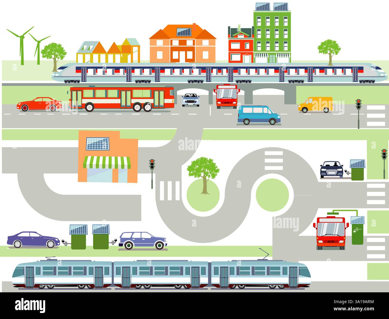 city overview with traffic and houses, information illustration Stock ...