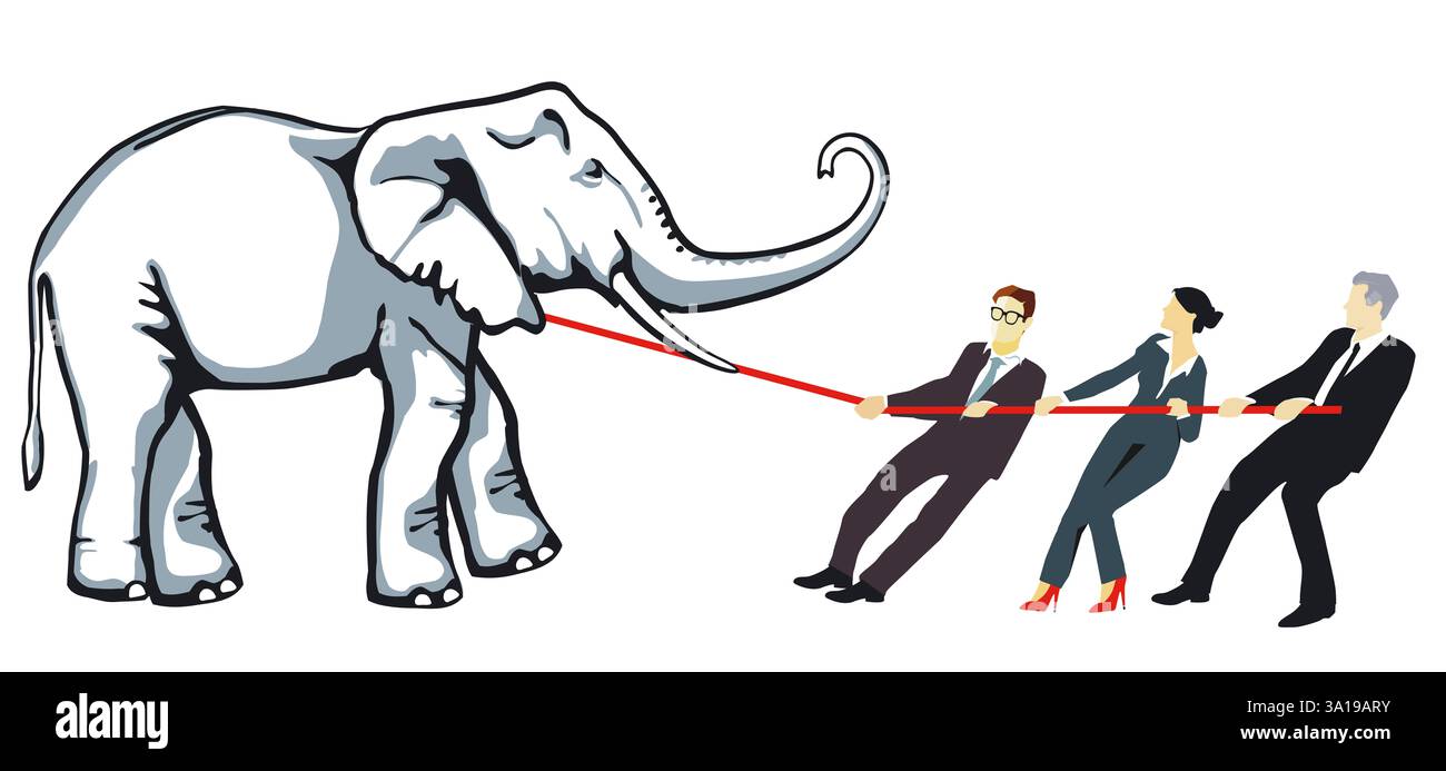 A team pulling an elephant at opposite ends of a rope Stock Photo - Alamy