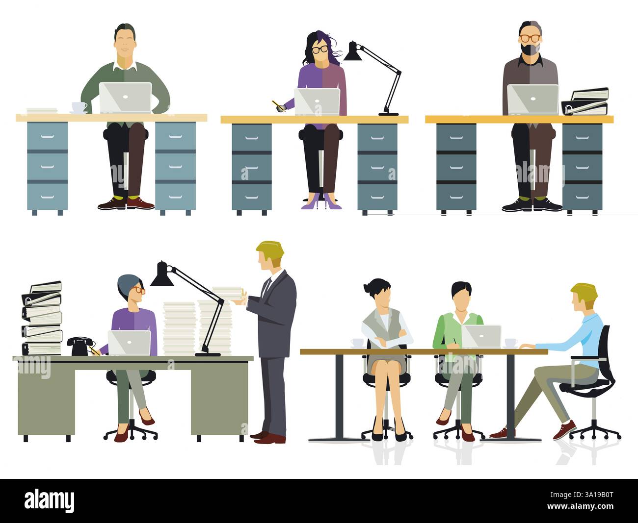 Office work at a desk, discussion of employees, illustration Stock ...
