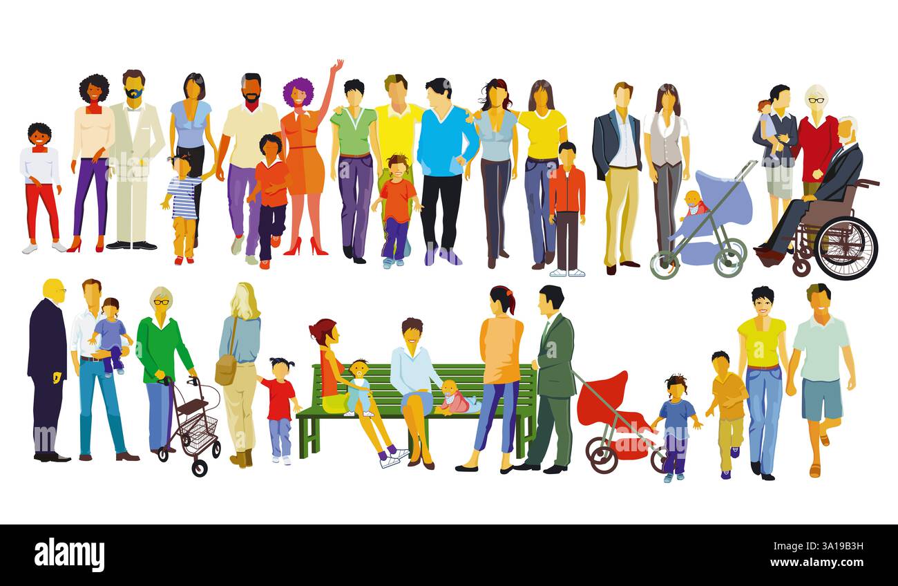 a large group of parents and children, illustration Stock Photo - Alamy