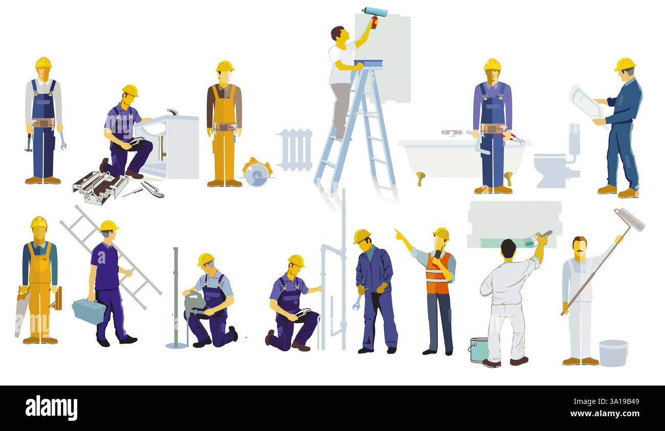 craftsmen and construction workers renovating a house, isolated on white, illustration Stock ...