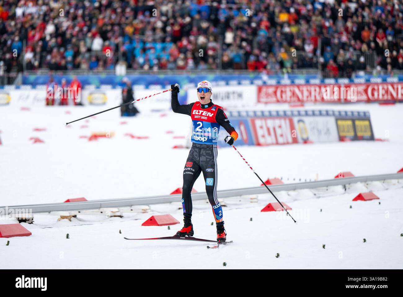 Trondheim, Norwegen. 07th Mar, 2025. GEIGER Vinzenz (Deutschland) jubelt im Ziel ueber den Sieg ...