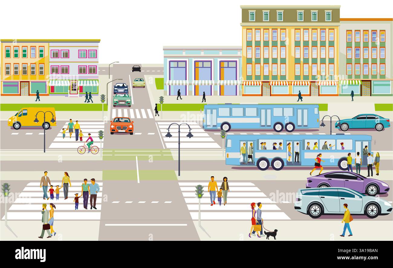 city with road traffic, bus stop, and pedestrians at the crosswalk ...