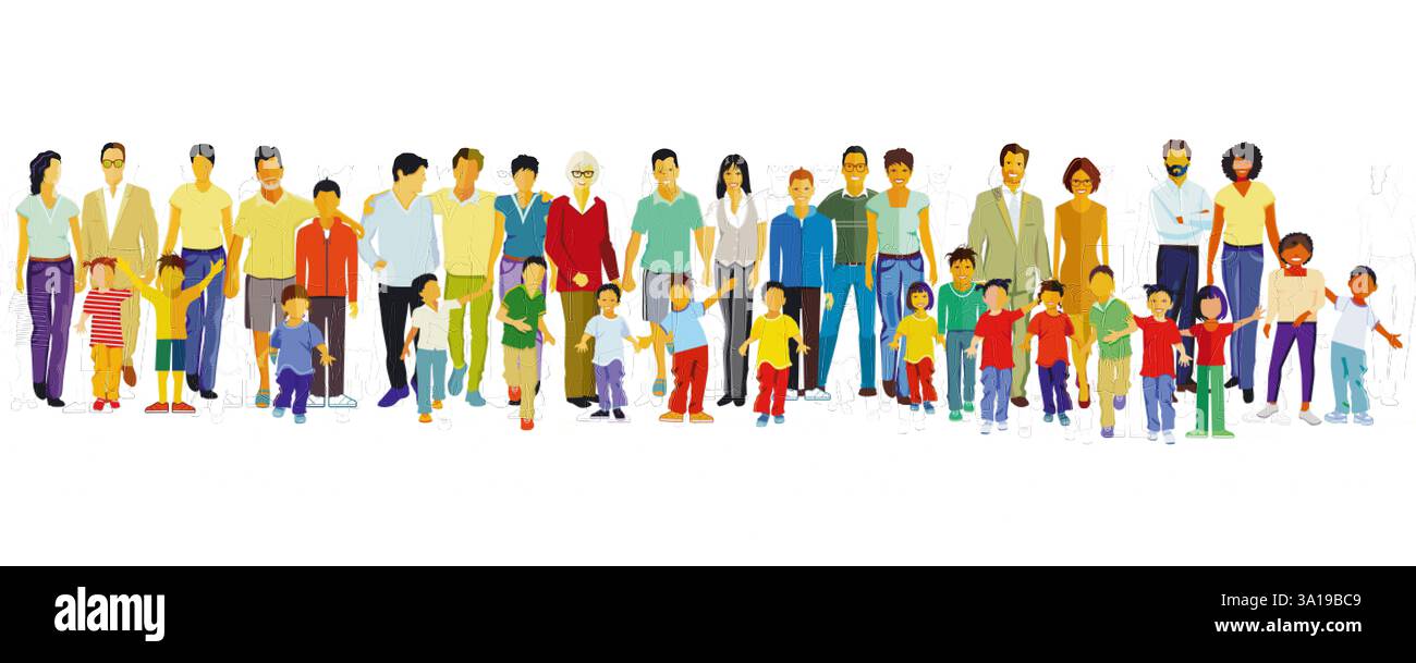 A large group of parents with children, isolated illustration Stock ...