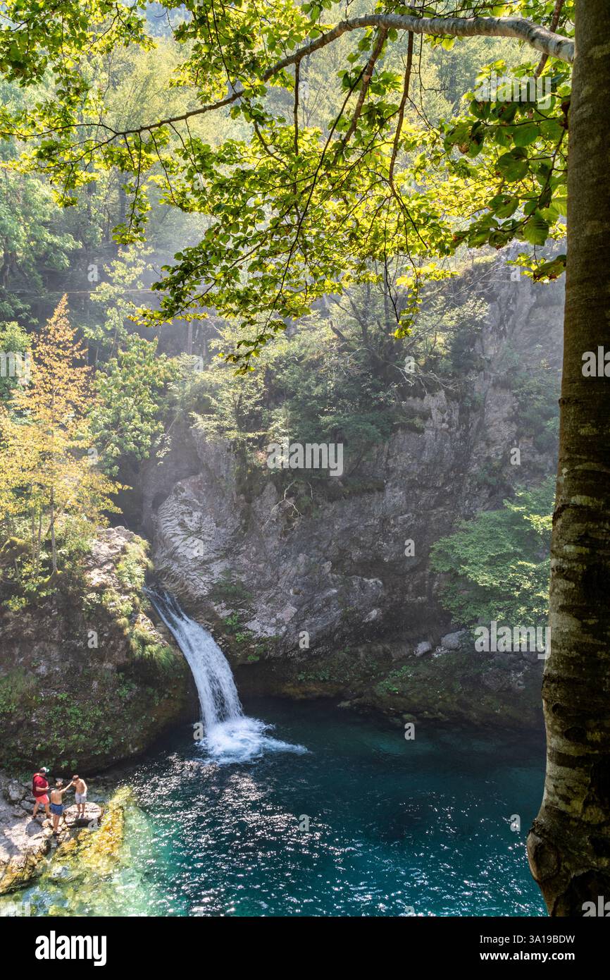 Muzinë, Albania - 15 August 2024: People at the The Blue Eye (Syri i ...