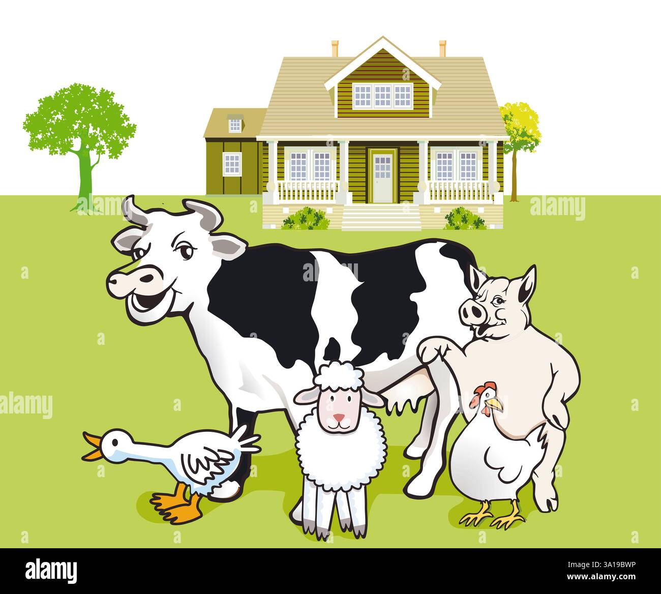 Funny farm animals in the pasture with a farmhouse hi-res stock ...
