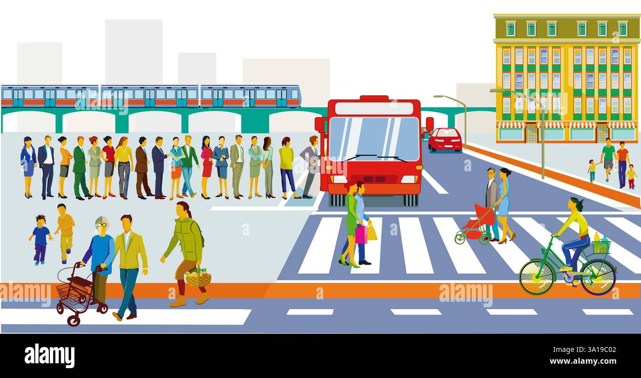 bus stop and pedestrians on the crosswalk, illustration Stock Photo - Alamy