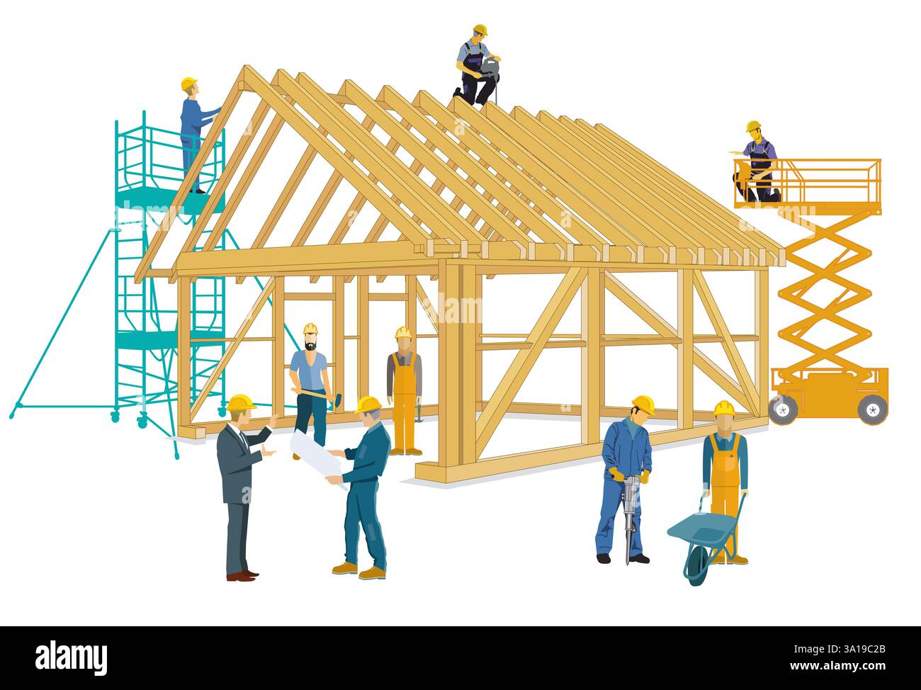 wooden house building with craftsmen and architects Stock Photo - Alamy
