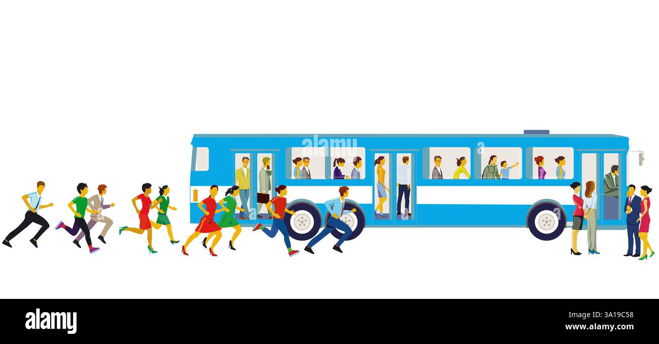 city bus with a stop and hurried passengers, illustration Stock Photo ...