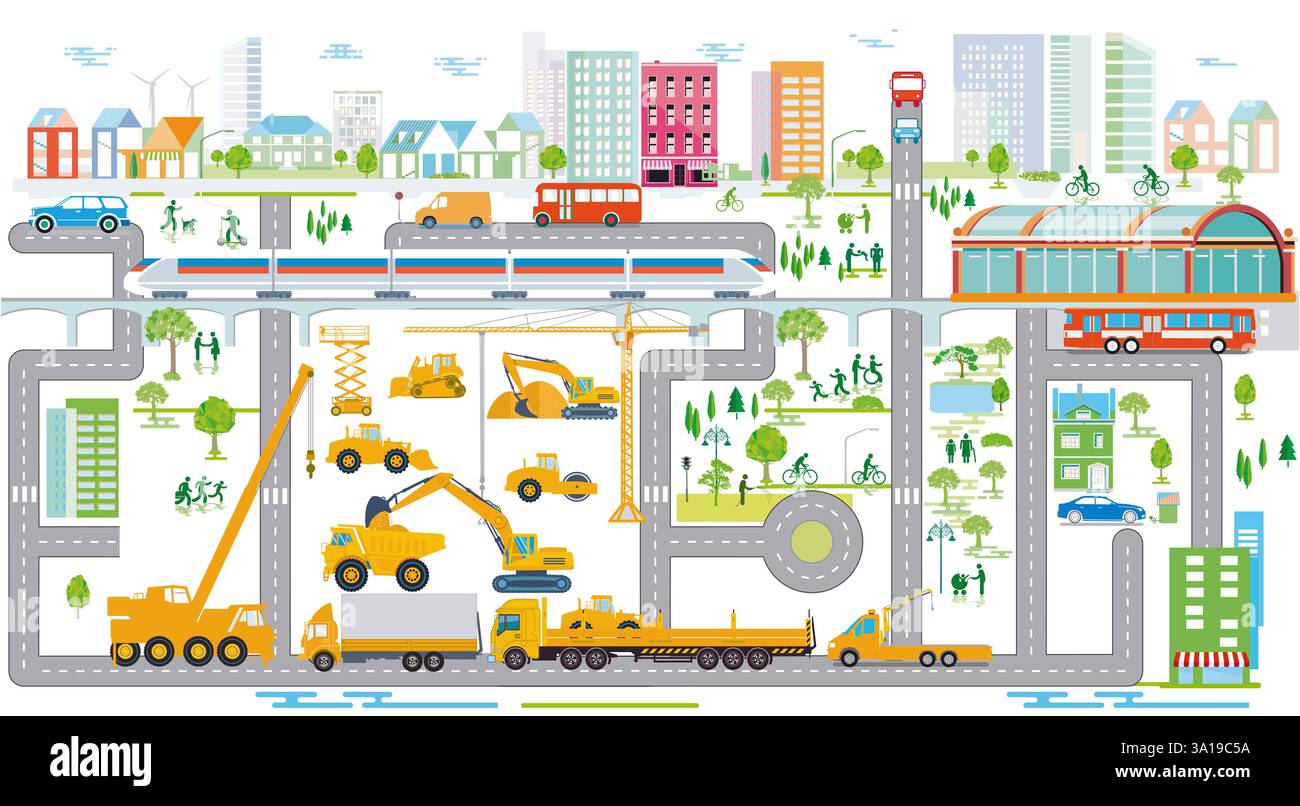 city skyline panorama overview with construction site and traffic, illustration Stock Photo - Alamy