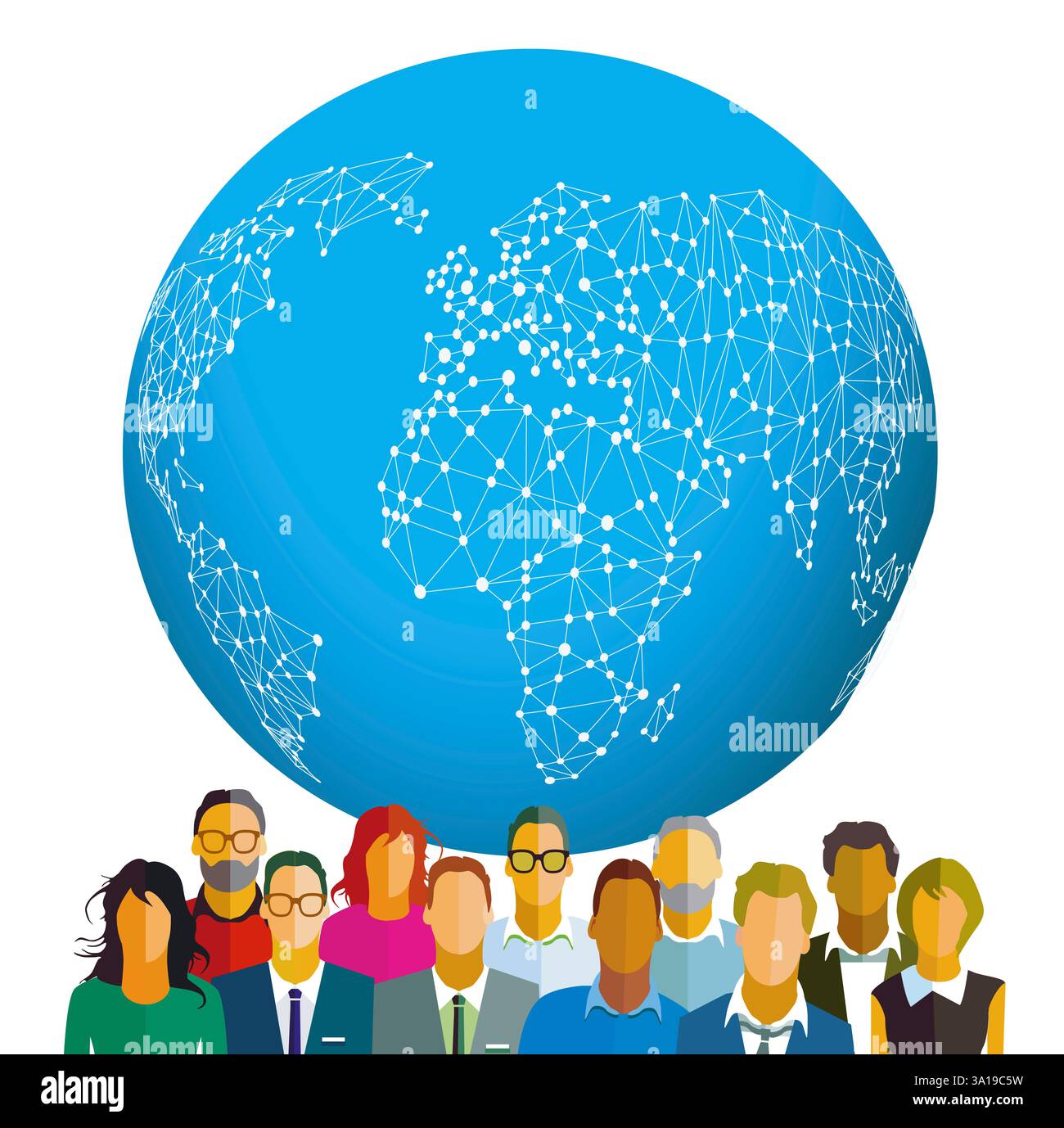 A group of people in front of a globe, isolated on a white background ...