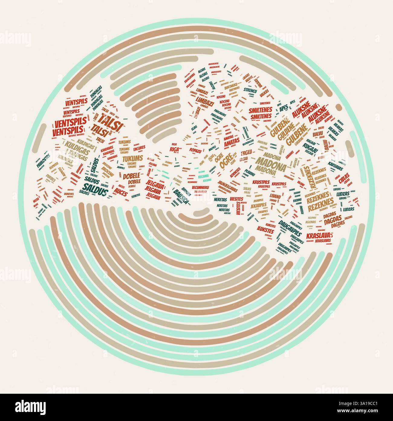 Latvia round poster. Typography style image of country. Regions word ...