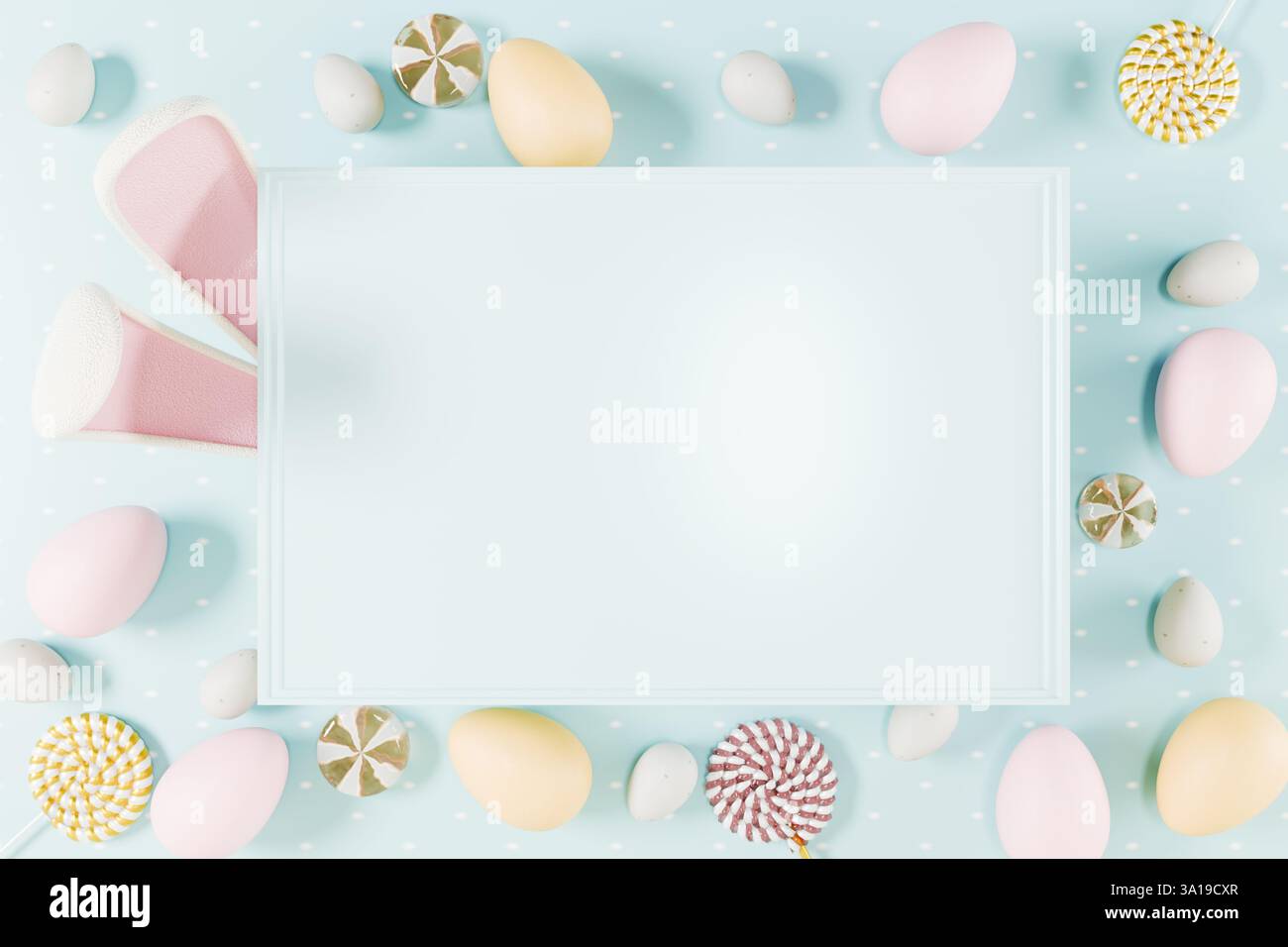 Colorful Easter eggs and candies surround a blank card on a pastel ...