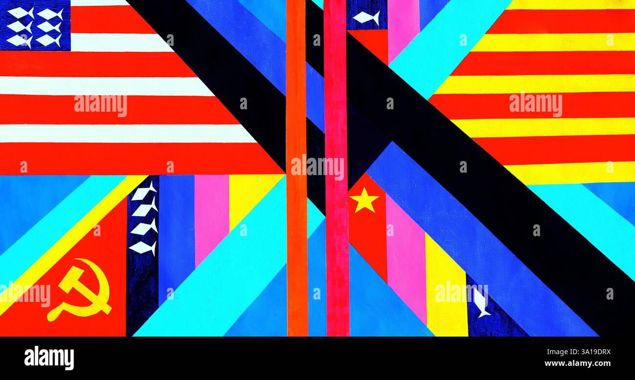Conceptual geometric abstract art painting with flags, fishes and lines ...
