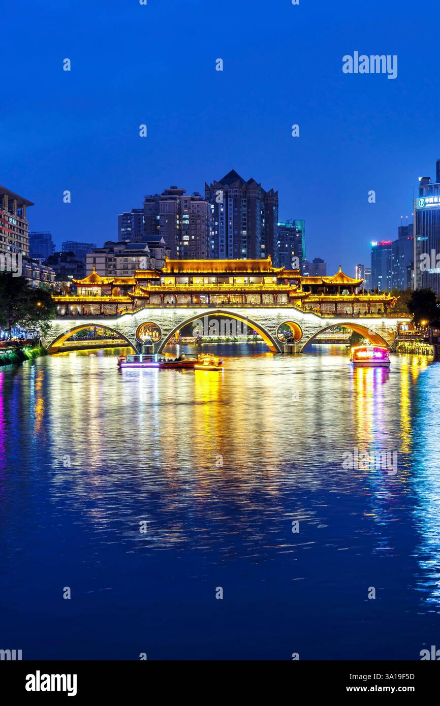 Chengdu, China, Chengdu Anshun bridge over river Jin with pagoda ...