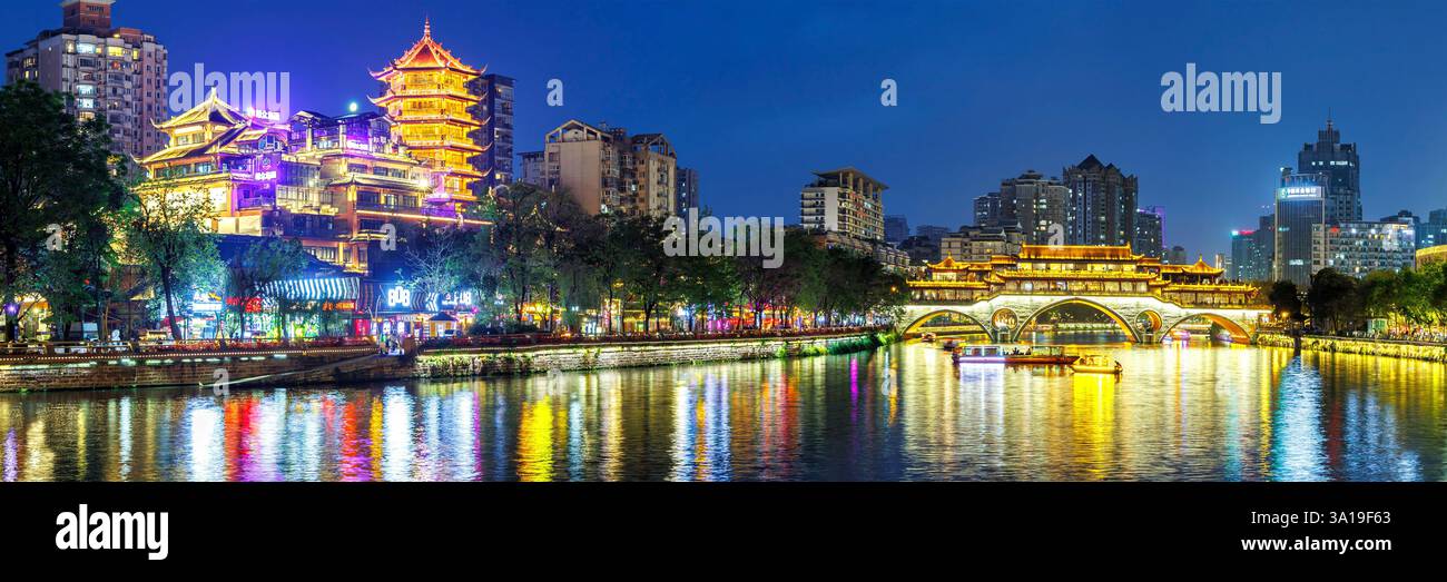 Chengdu, China, Chengdu Anshun bridge over river Jin with pagoda ...