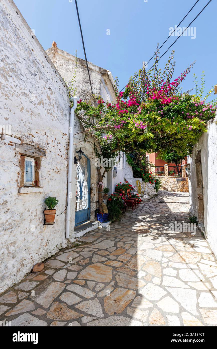 Corfu, Greece, Alley decorated with flowers in the picturesque village ...