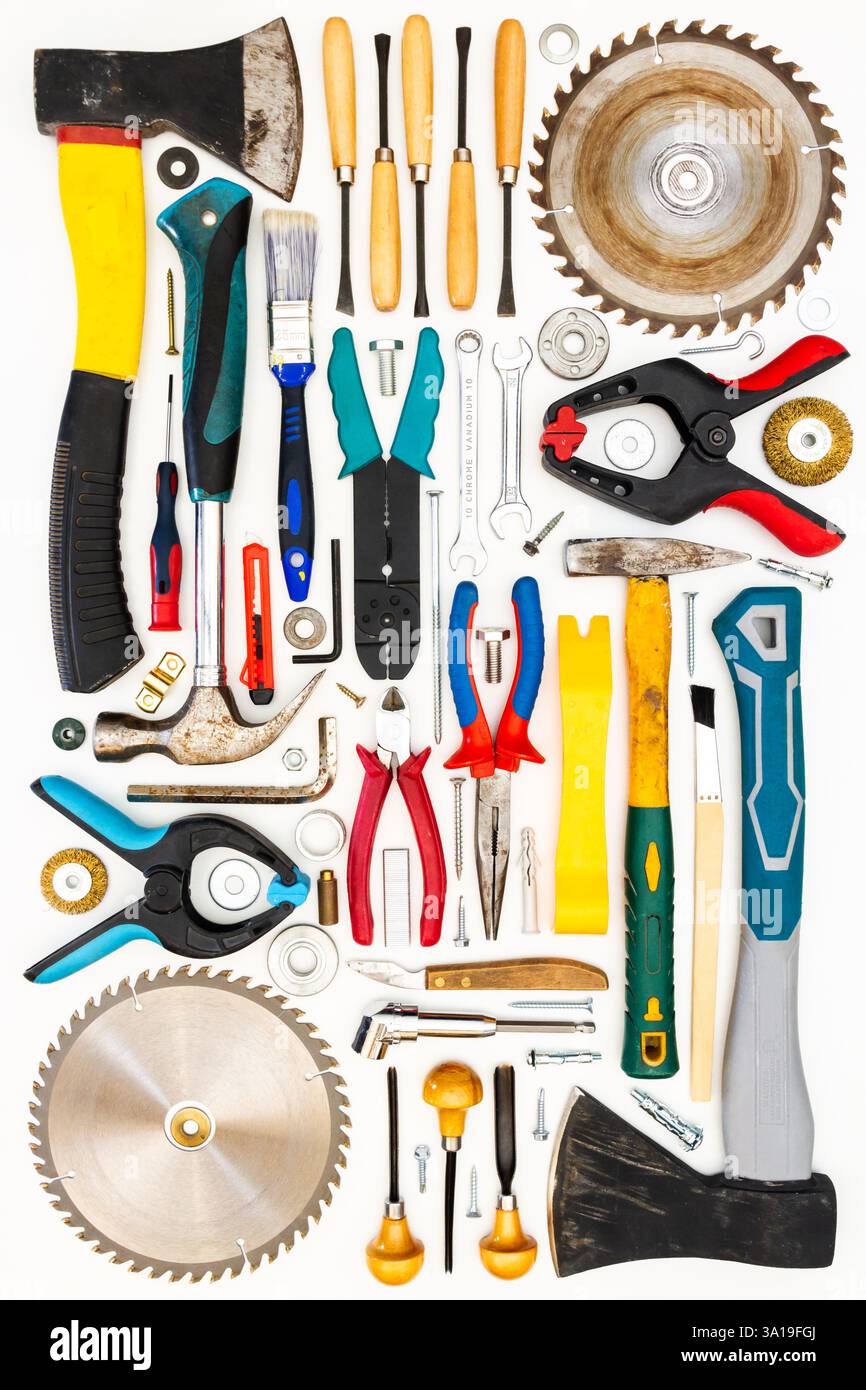 Flat lay of new and used hand tools on white background. Large ...