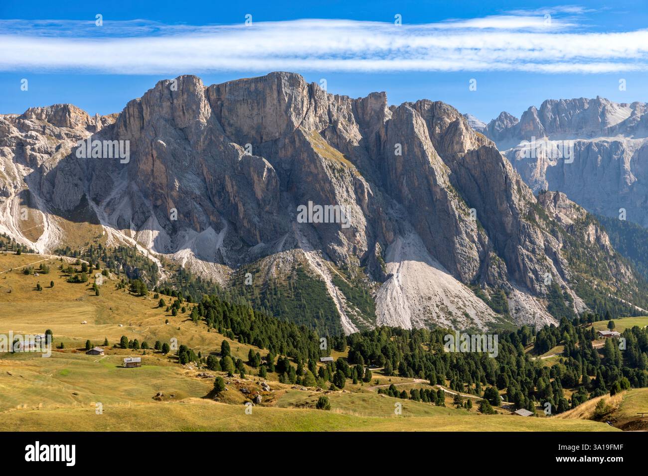 View of the Cir peaks from the Seceda Stock Photo - Alamy