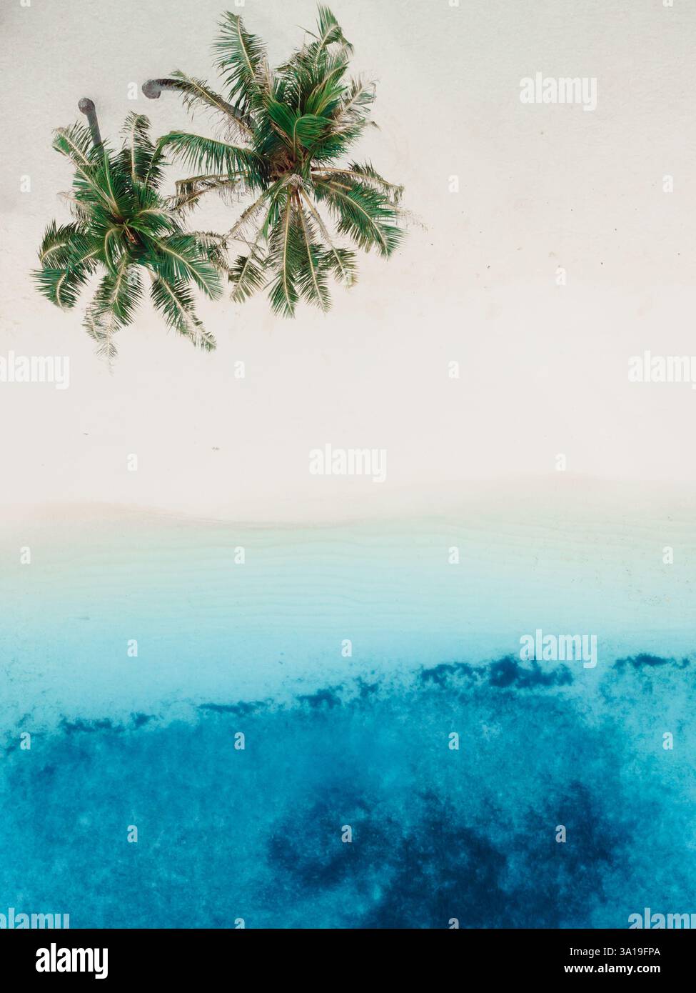 Aerial drone image of shoreline in Maldives. Bright blue crystal water ...