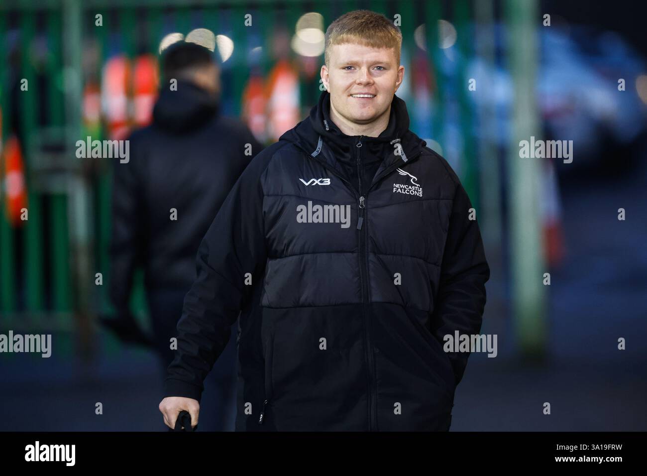Micky Rewcastle of Newcastle Falcons is pictured arriving for the ...