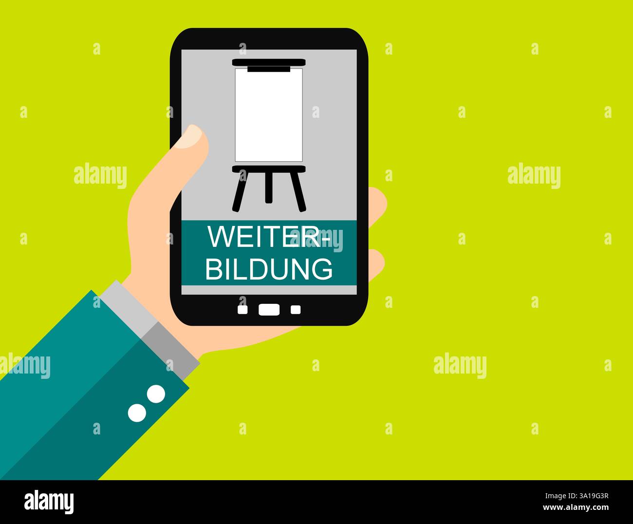 Hand with smartphone: Further training - Flat Design Stock Photo - Alamy