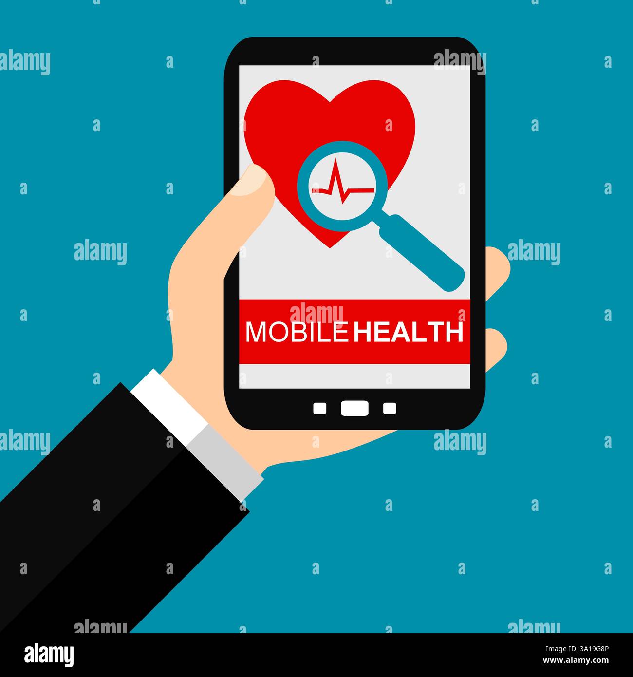 Hand with smartphone: Mobile Health - Flat Design Stock Photo - Alamy