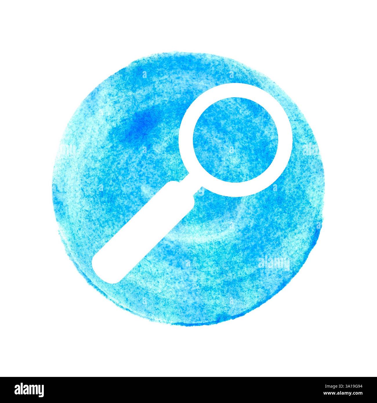 Round isolated blue circle of watercolor and magnifying glass symbol ...