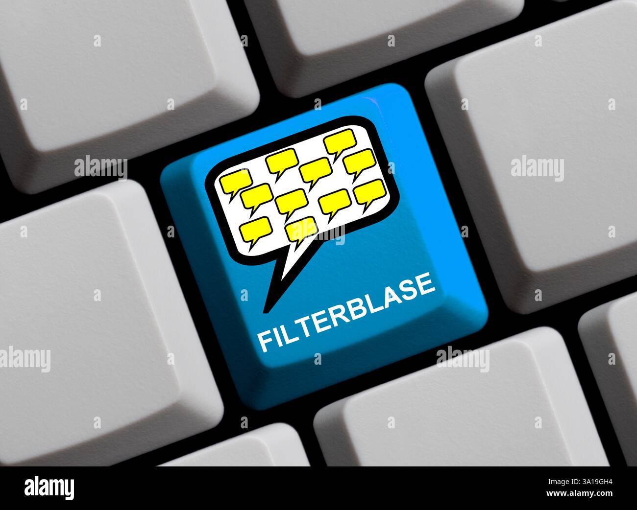 Blue keyboard with speech bubbles shows filter bubble online Stock ...